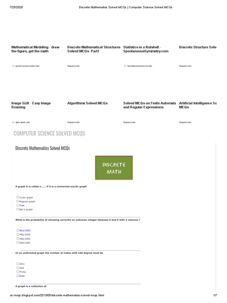 Discrete Mathematics Solved MCQs - Computer Science Solved MCQs | PDF ...