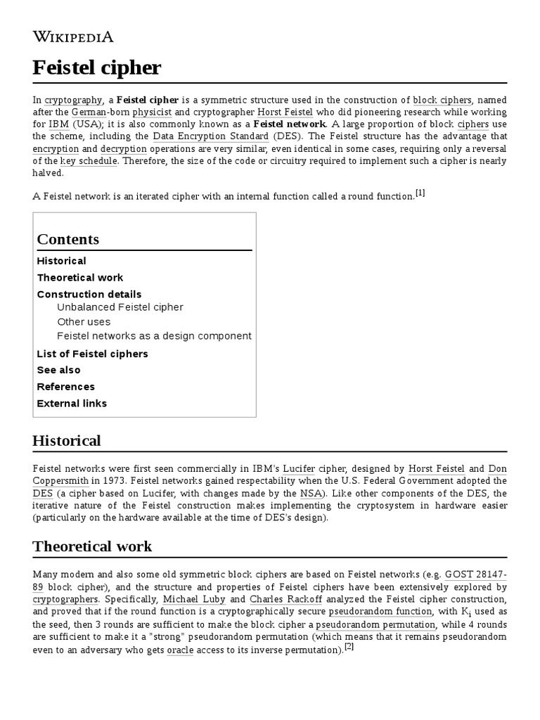 Feistel Cipher: Historical Theoretical Work Construction Details | PDF | Secure Communication ...