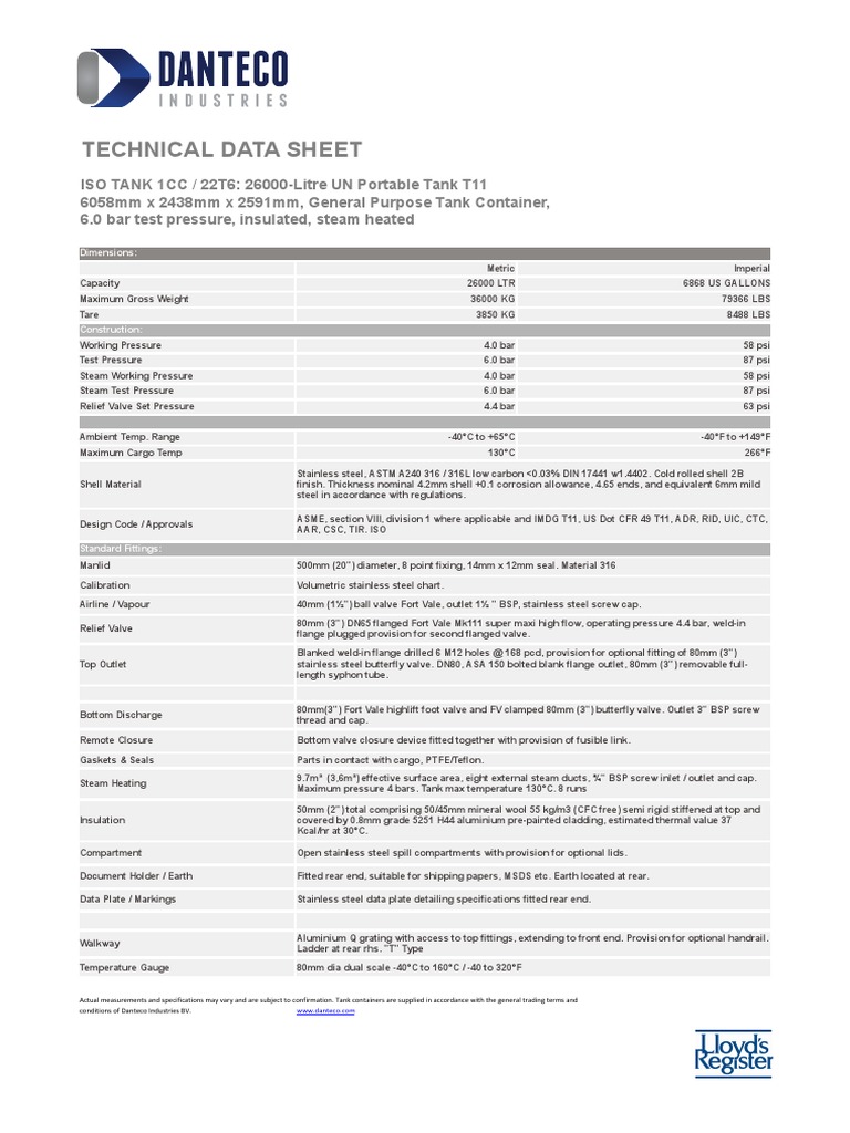 26000-Liter UN Portable Tank Technical Data Sheet | PDF | Valve ...