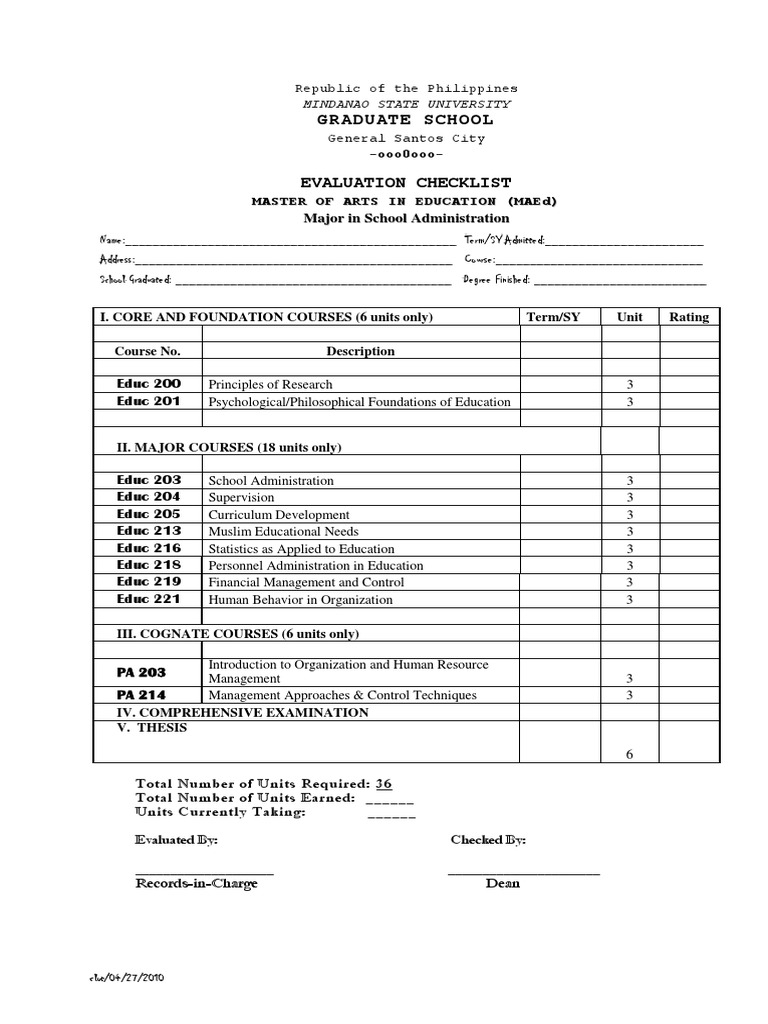MAED & MST Evaluation Checklist | PDF | Graduate School | Thesis