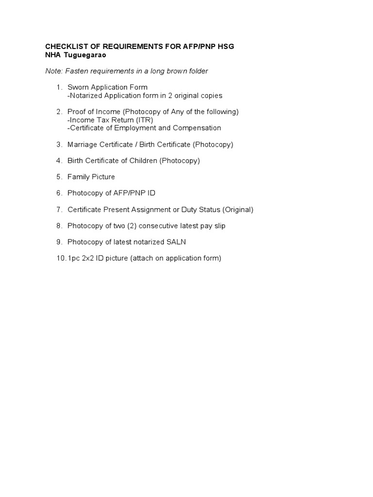 Checklist of Requirements For Afp/Pnp HSG NHA Tuguegarao | PDF ...