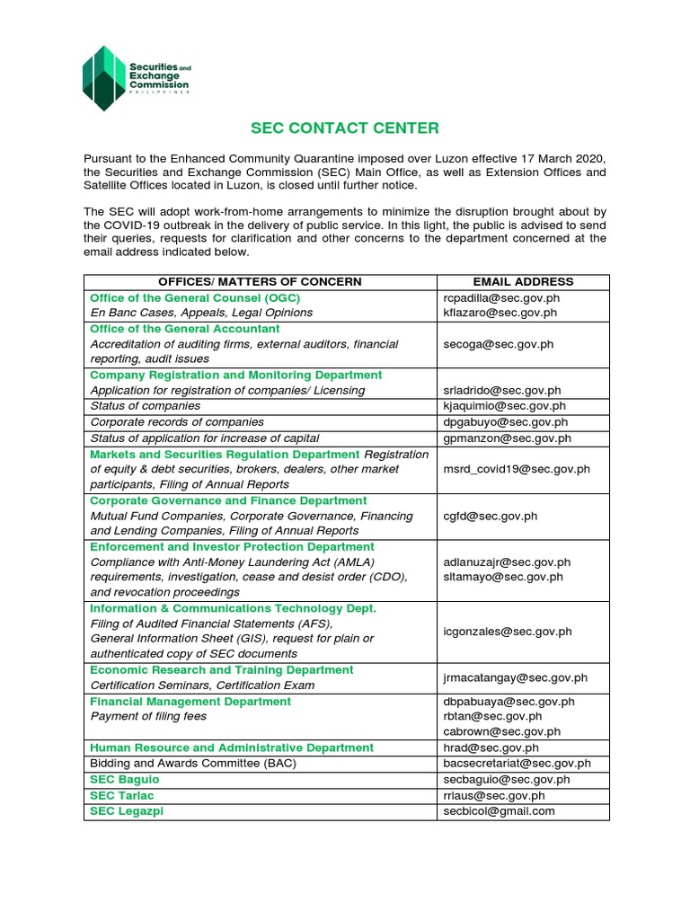 Sec Contact Center: Offices/ Matters of Concern Email Address | PDF | U ...