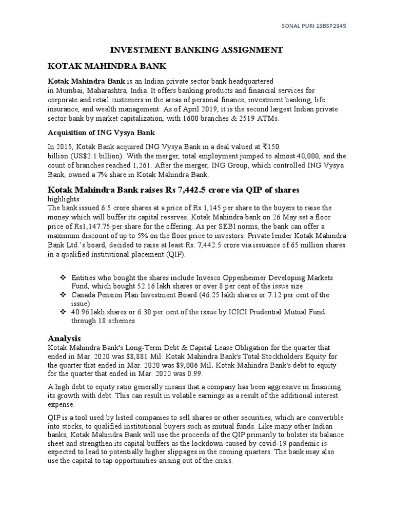 Investment Banking Assignment 2 (19BSP2845) | PDF | Banks | Mergers And ...
