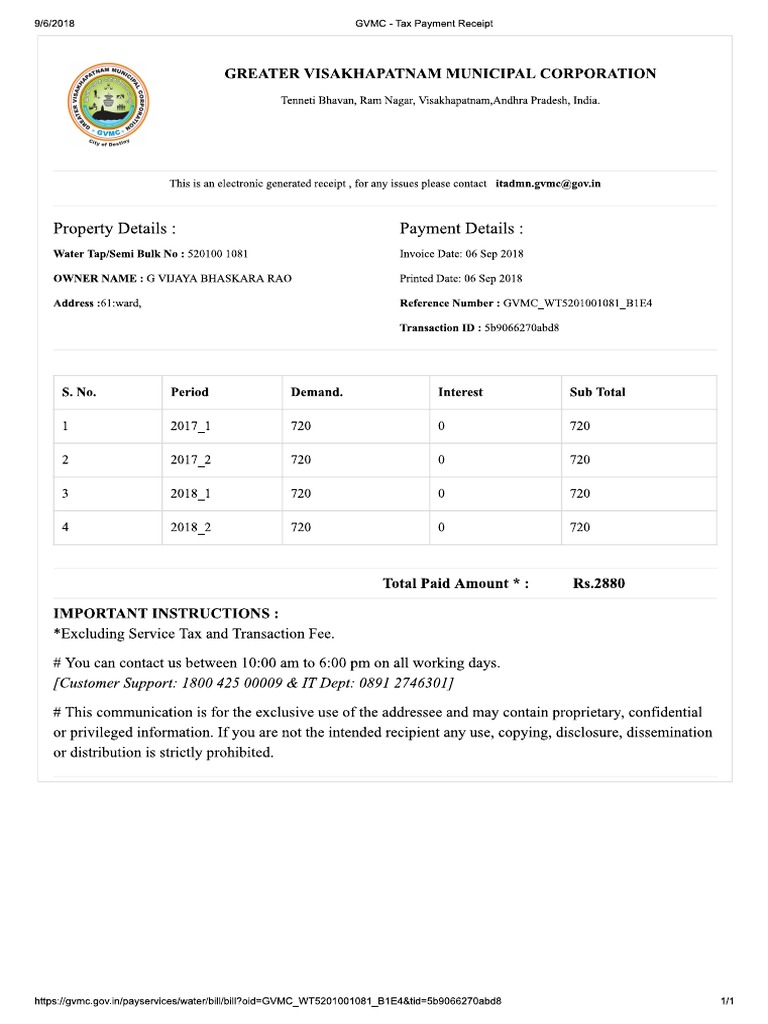 GVMC Water Bill 2018 PDF | PDF