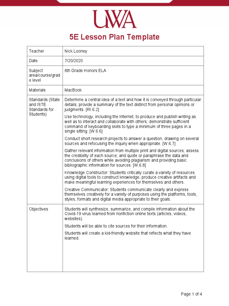 Looney2 Ed508-5e-Lesson-Plan-Template 1 | PDF | Educational Assessment ...