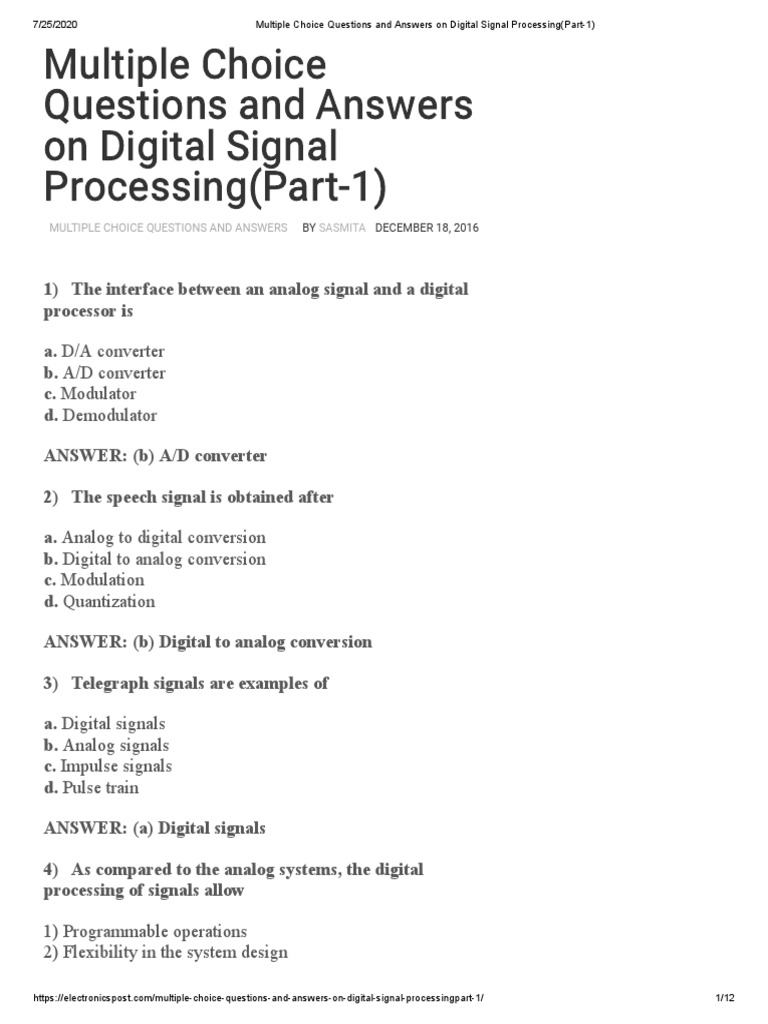 Multiple Choice Questions and Answers On Digital Signal Processing (Part-1) | PDF | Digital ...