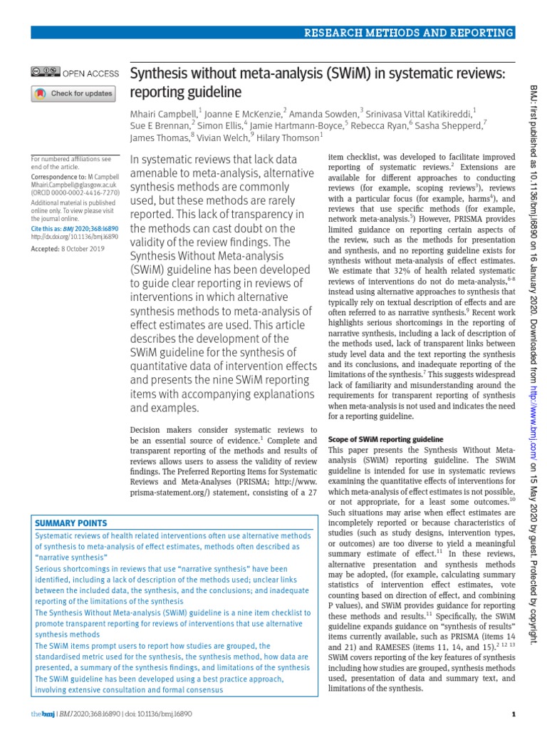 Synthesis Without Meta-Analysis (Swim) in Systematic Reviews: Reporting ...