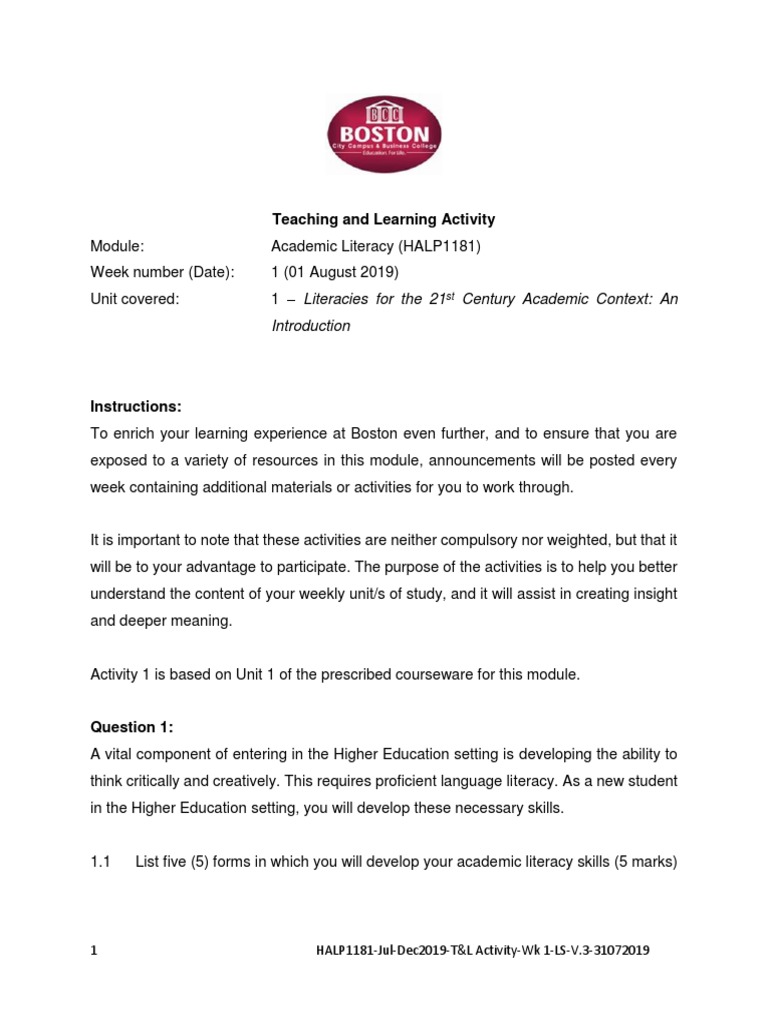Academic Literacy Activity-Wk 1-LS-V.3-31072019 | PDF | Literacy ...