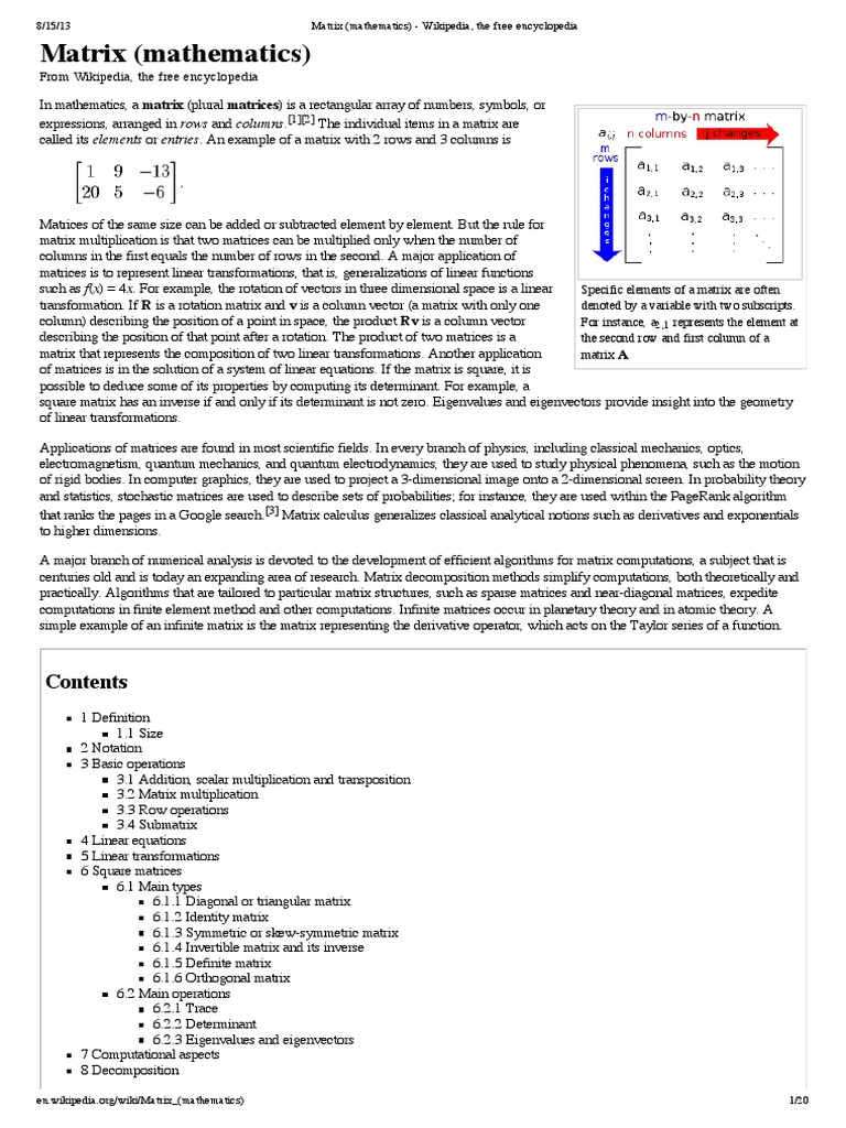 Matrix (Mathematics) - Wikipedia, The Free Encyclopedia PDF | PDF ...