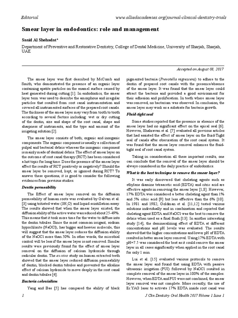 Smear Layer in Endodontics: Role and Management: Editorial | PDF ...