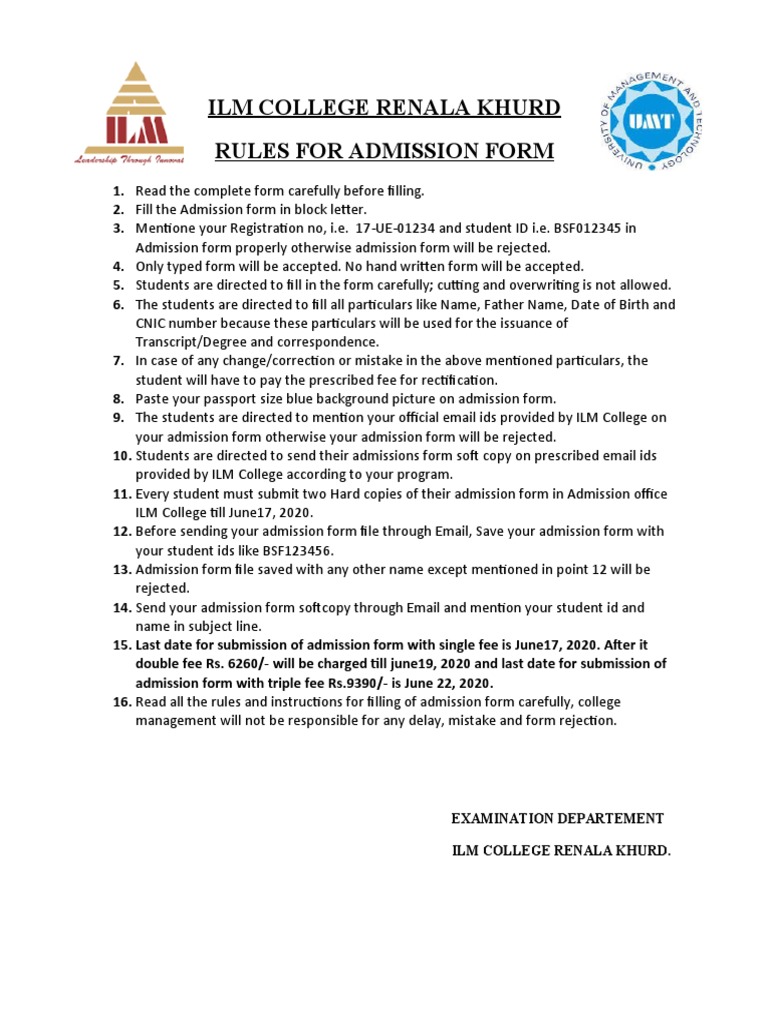 Rules For Admission Form | PDF