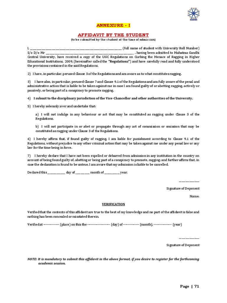 Annexure - I Affidavit by The Student | PDF | Affidavit | Common Law