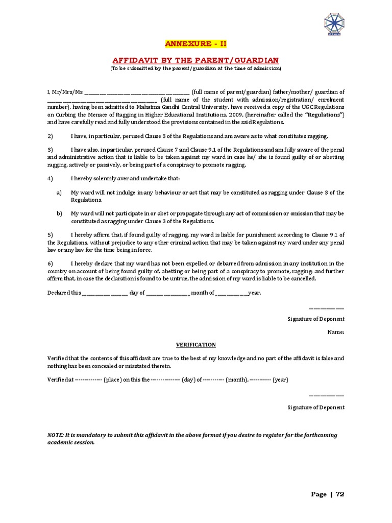 Parent/Guardian Affidavit for Anti-Ragging | PDF | Affidavit | Criminal Law
