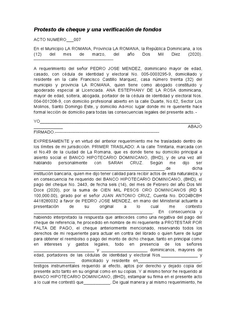 Protesto de Cheque y Una Verificación de Fondos | PDF | Cheque ...