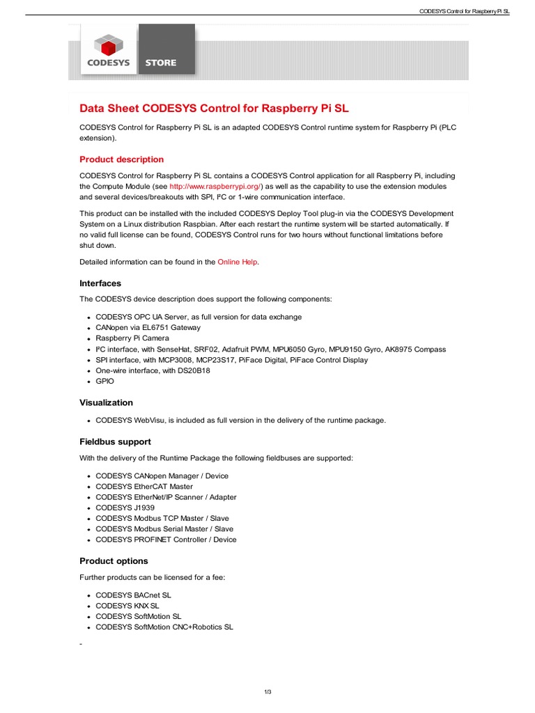Data Sheet CODESYS Control For Raspberry Pi SL: Product Description | PDF | Raspberry Pi ...