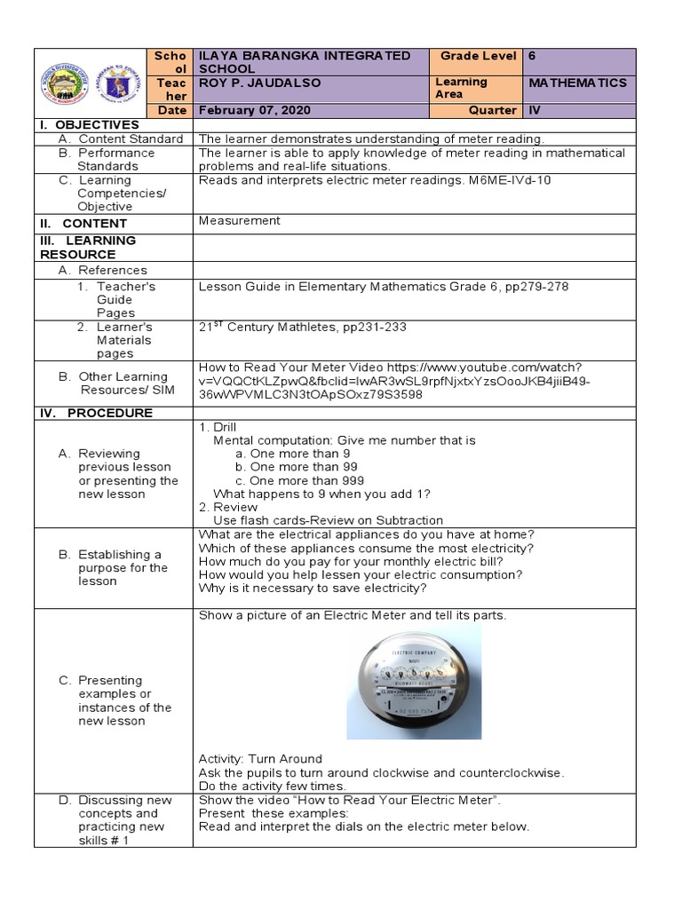 Lesson Plan: Electric Meter Reading | PDF | Kilowatt Hour | Learning
