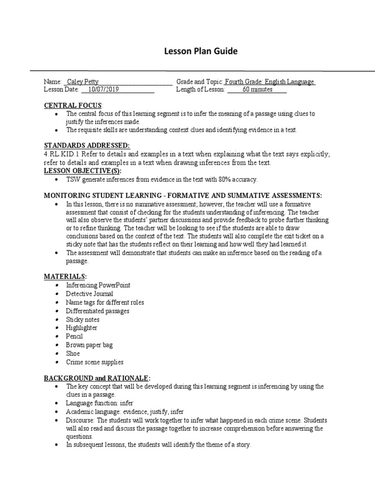 Lesson Plan Guide | PDF | Inference | Educational Assessment