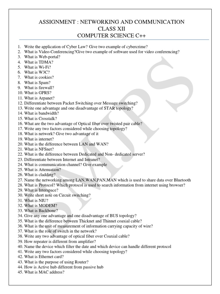 Assignment: Networking and Communication Class Xii Computer Science C++ ...