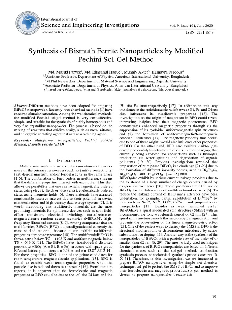 Synthesis of Bismuth Ferrite Nanoparticles by Modified Pechini Sol-Gel Method | PDF | Physical ...