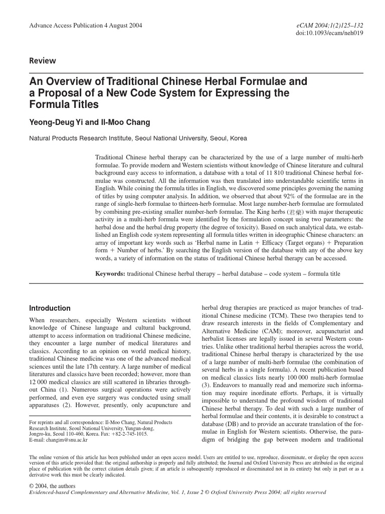 An Overview of Traditional Chinese Herbal Formulae and A Proposal of A ...