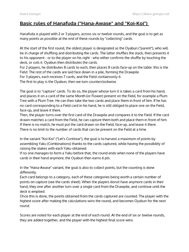 Basic Rules of Hanafuda ("Hana-Awase" and "Koi-Koi") : Diane Georges ...