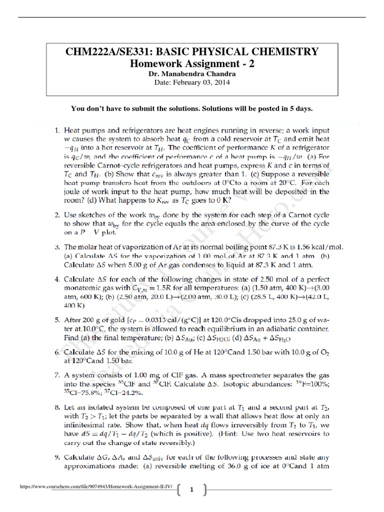 This Study Resource Was: Chm222A/Se331: Basic Physical Chemistry Homework Assignment - 2 | PDF ...