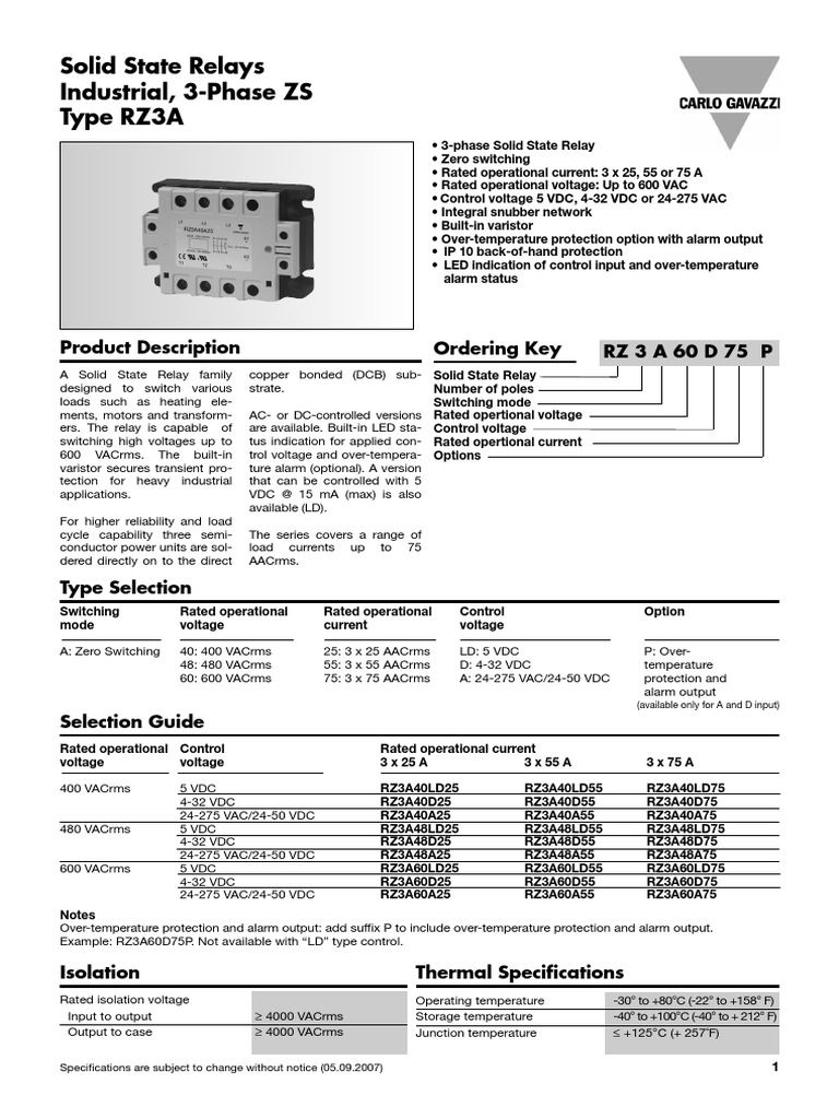 Solid State Relays Industrial, 3-Phase ZS Type RZ3A: Ordering Key ...