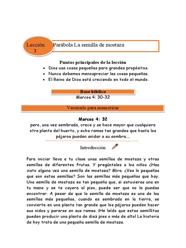 Lección Niños Parábola La Semilla de Mostaza | PDF