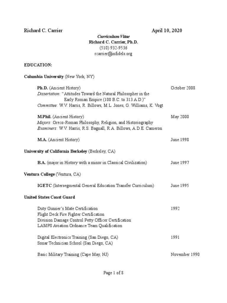 Richard C. Carrier April 10, 2020: Curriculum Vitae | PDF | Religion ...