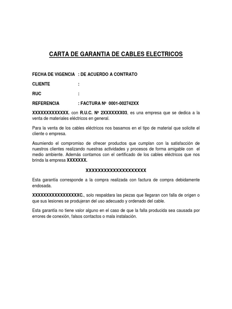 Carta de Garantia de Cables Electricos JM | PDF