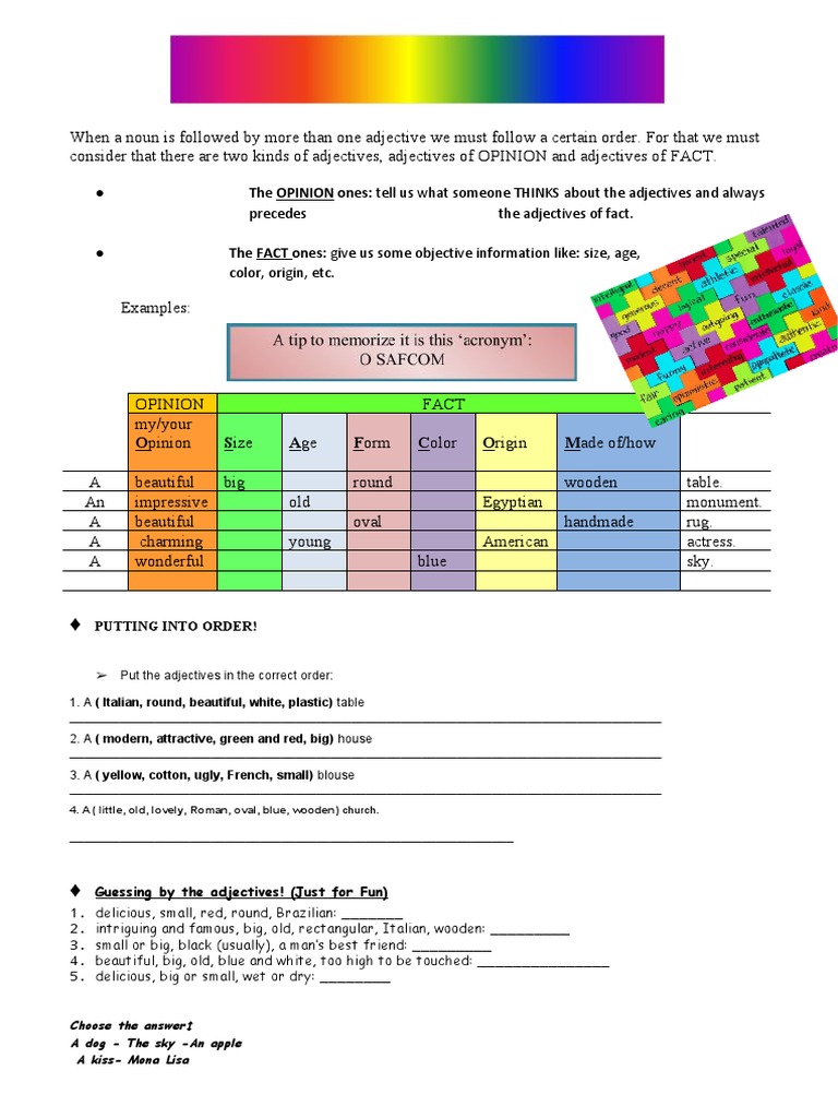 Worksheet Adjective Order | PDF | Adjective | Linguistic Morphology