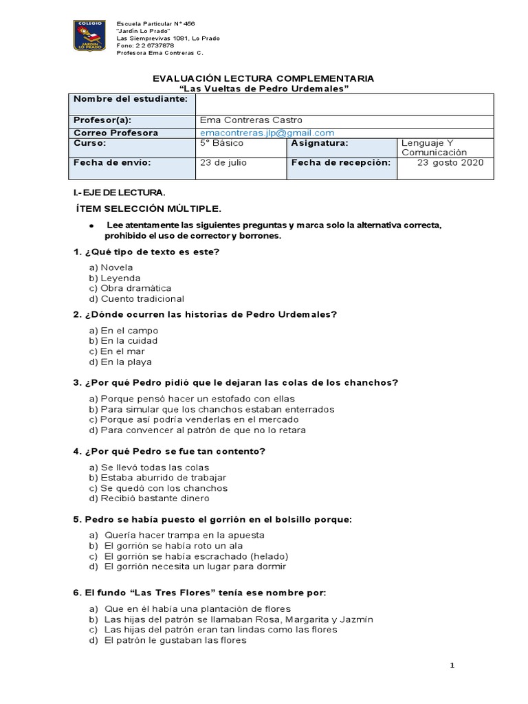Evaluación de "Las Vueltas de Pedro Urdemales" | PDF | Ropa