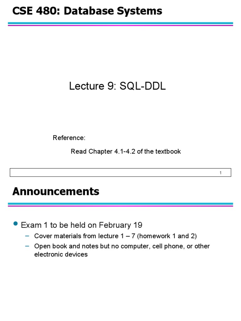 Lecture 9 Sql Ddl Reference Read Chapter 41 42 Of The Textbook Pdf Sql Information 0789