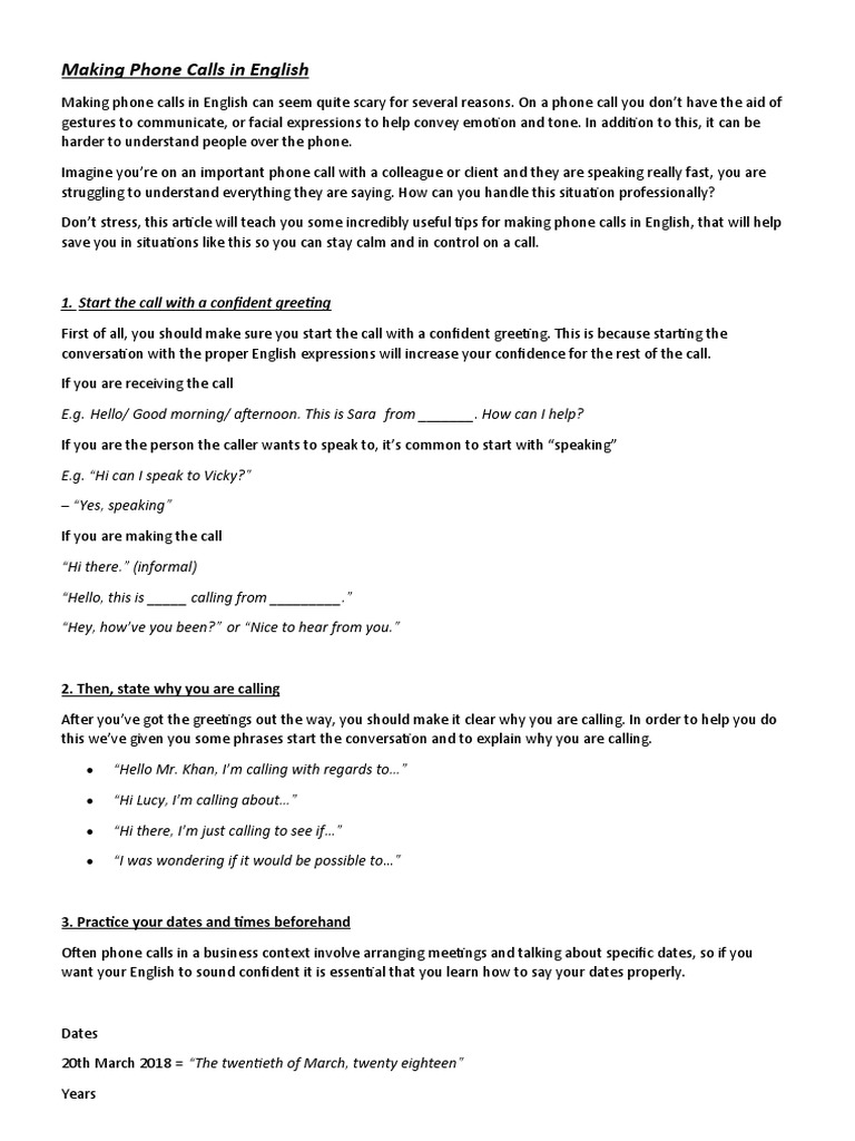 Tips for Making Phone Calls in English | PDF | Stress (Linguistics ...
