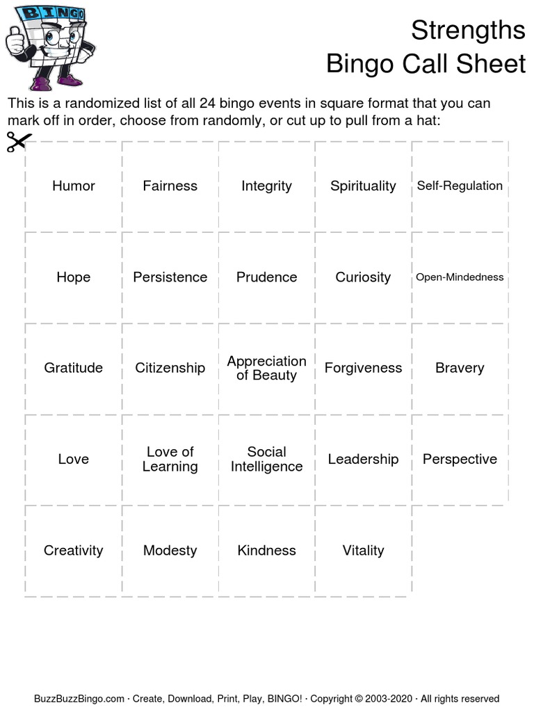 Strengths Bingo Call Sheet: Self-Regulation | PDF | Psychology ...