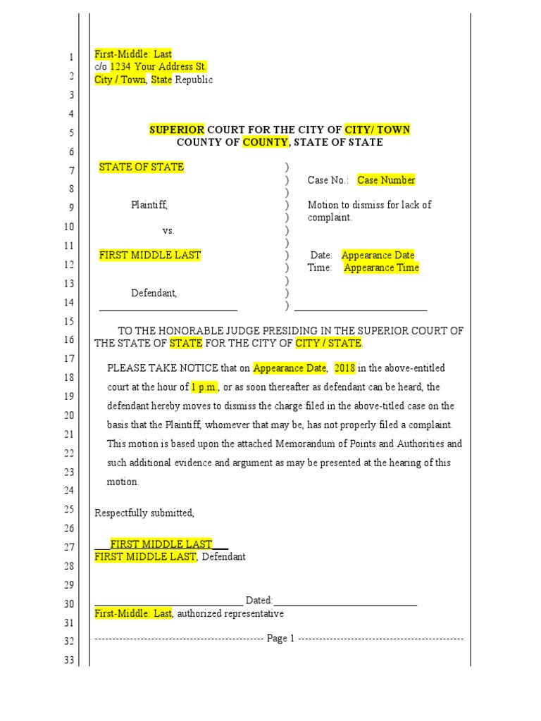MOTION TO DISMISS LACK OF COMPLAINT Template | PDF | Complaint ...