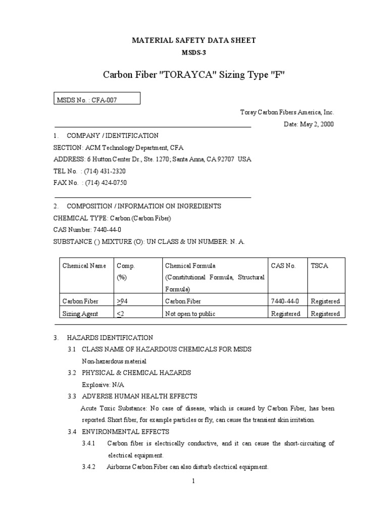 Carbon Fiber "TORAYCA" Sizing Type "F": Material Safety Data Sheet ...