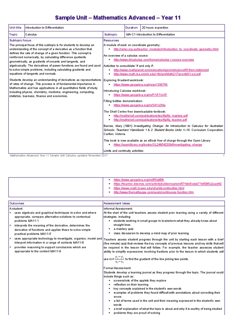 Sample Unit Mathematics Advanced Year 11 s1 Calculus | PDF | Derivative ...