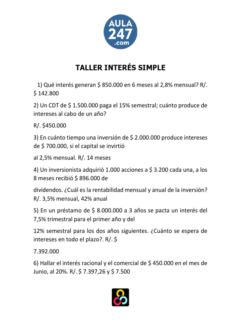 Taller Interes Simple | PDF | Interés | Tasas de interés