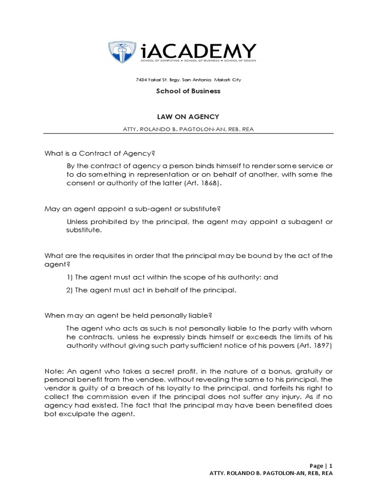 Law On Agency Notes | PDF | Law Of Agency | Power Of Attorney