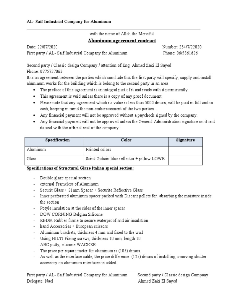 Aluminum Contract Agreement Details | PDF | Silicone | Building Engineering