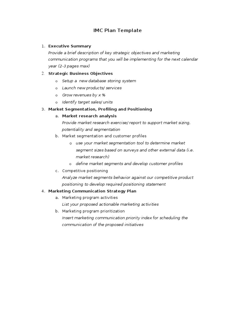 IMC Plan Template: Strategic Business Objectives | Download Free PDF ...