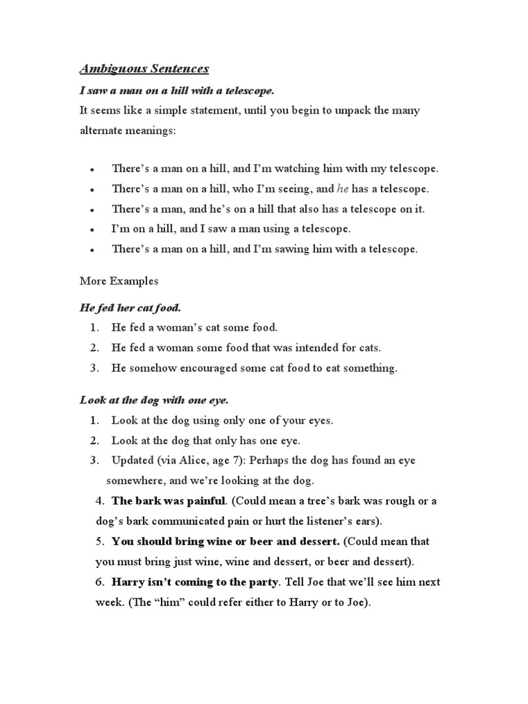 Ambiguous Sentences: I Saw A Man On A Hill With A Telescope | PDF