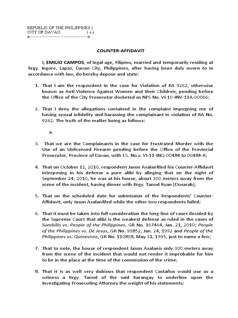 Counter-Affidavit: Republic of The Philippines) City of Davao) S.S. X ...