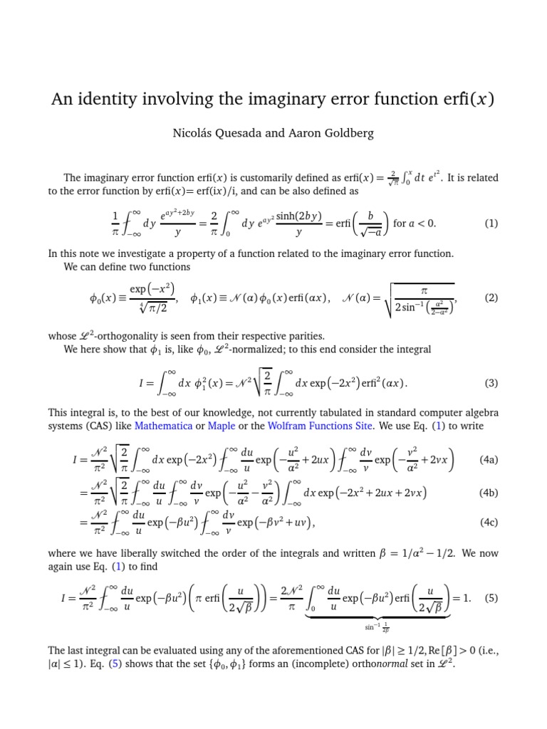 An Identity Involving The Imaginary Error Function Erfi (X) : Nicolás Quesada and Aaron Goldberg ...