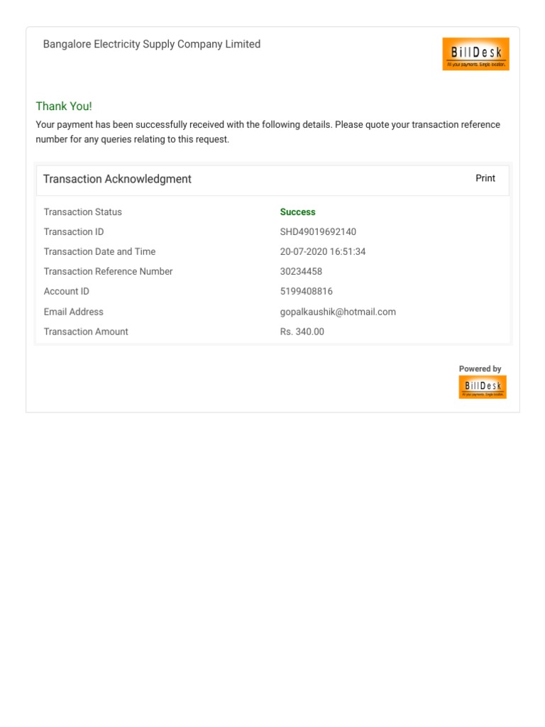 Bescom Receipt July 2020 | PDF