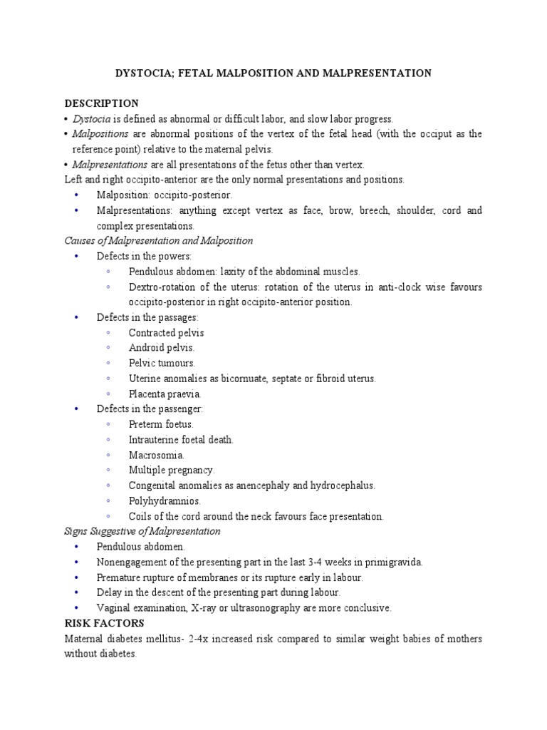 Dystocia Fetal Malposition and Malpresentation Description | Download Free PDF | Childbirth ...