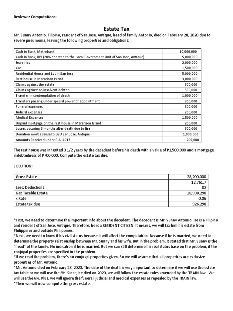 Estate Tax Computation for Mr. Antonio | PDF | Estate Tax In The United ...