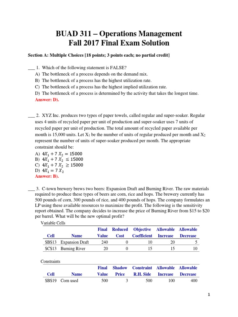 BUAD 311 Final FA17 Solution | PDF | Forecasting | Inventory