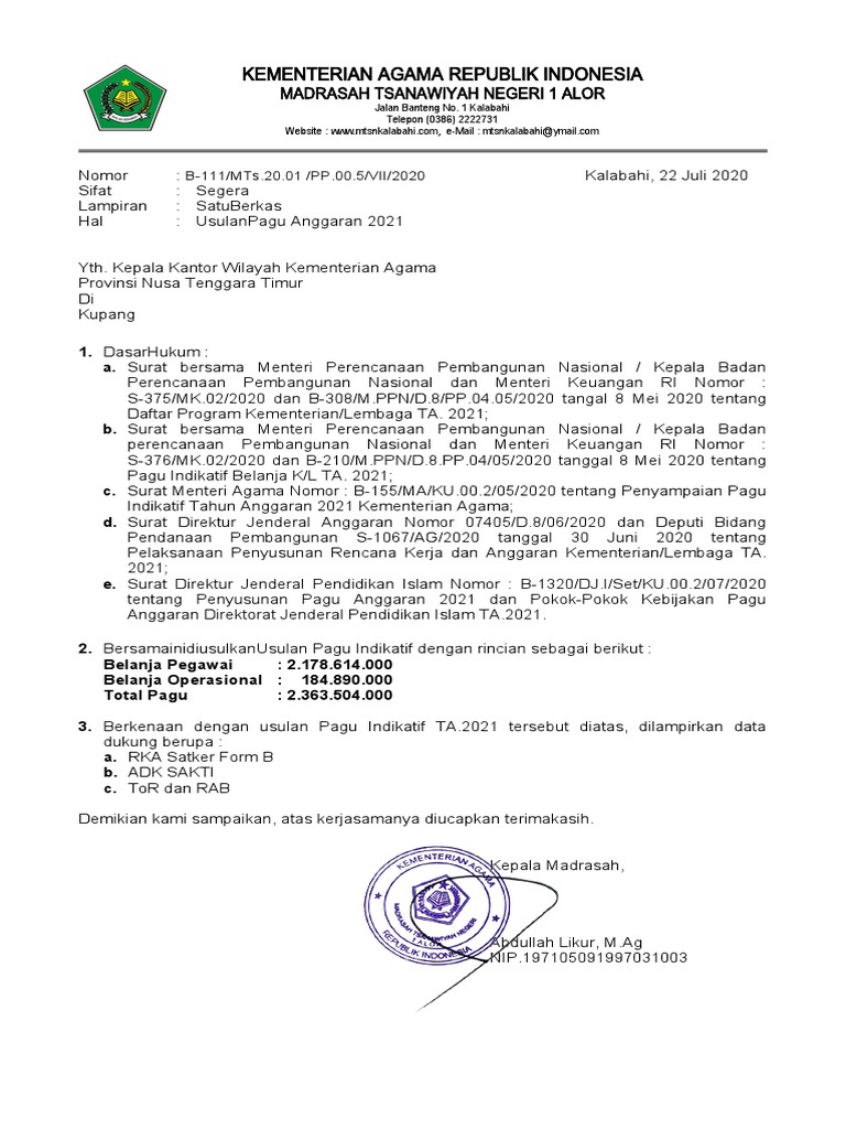 Format Surat Usulan Anggaran Pagu Indikatif 2021 | PDF | Pengelolaan ...